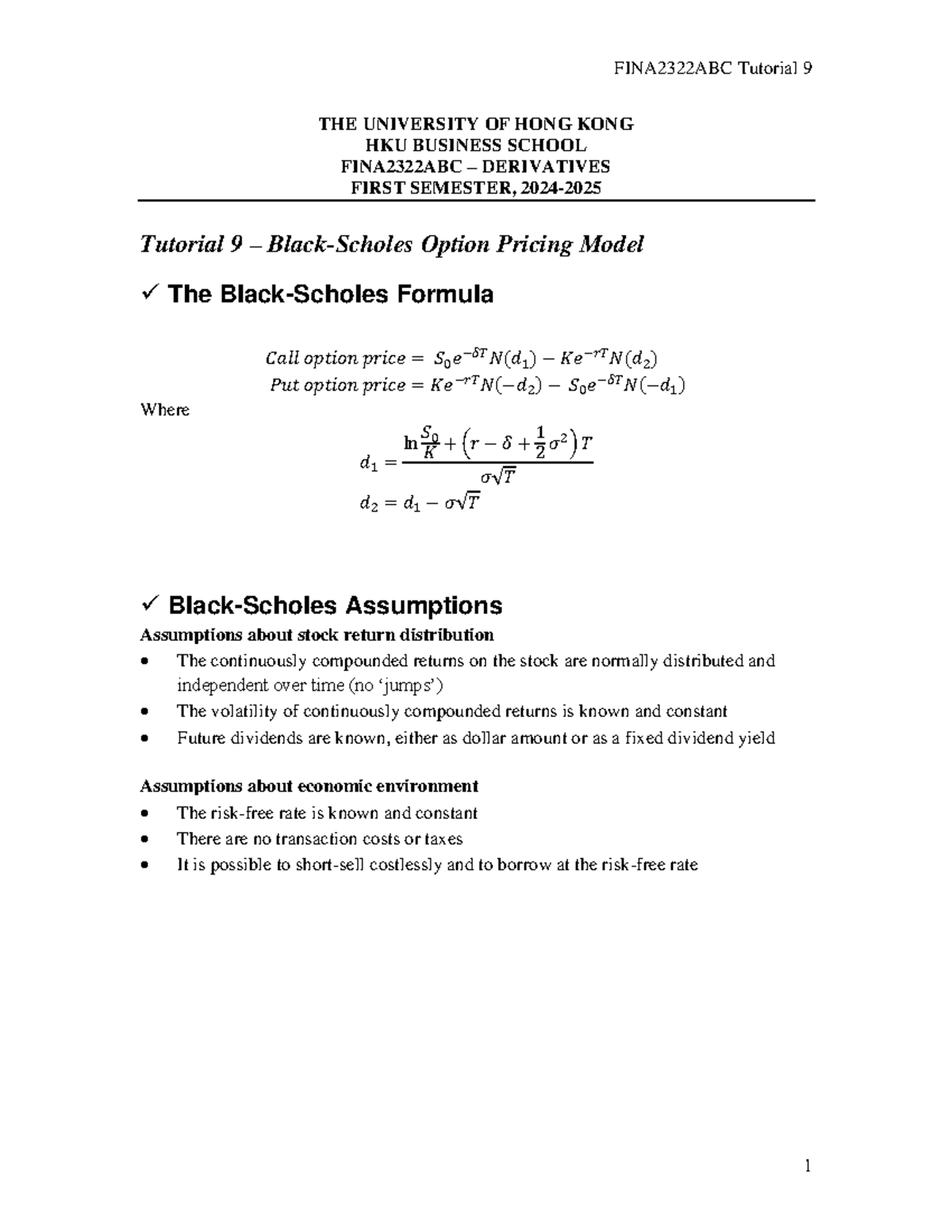 FINA2322 ABC 2024 Tutorial 9 - THE UNIVERSITY OF HONG KONG HKU BUSINESS ...