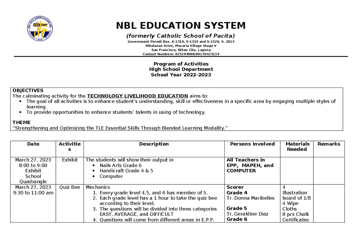 2023 TLE WEEK ELEM - educational purpose - NBL EDUCATION SYSTEM ...