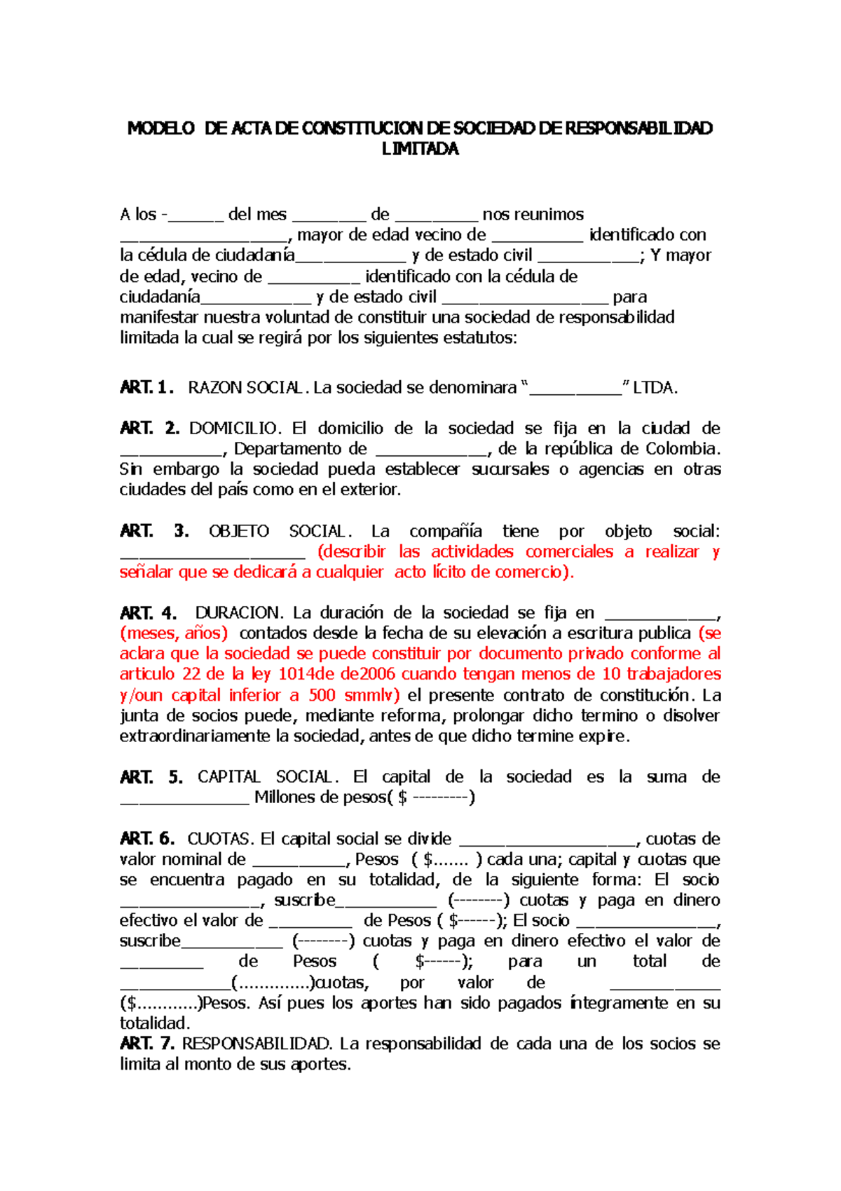 Acta constitutiva de sociedad de responsabilidad limitada - MODELO DE ACTA DE CONSTITUCION DE ...