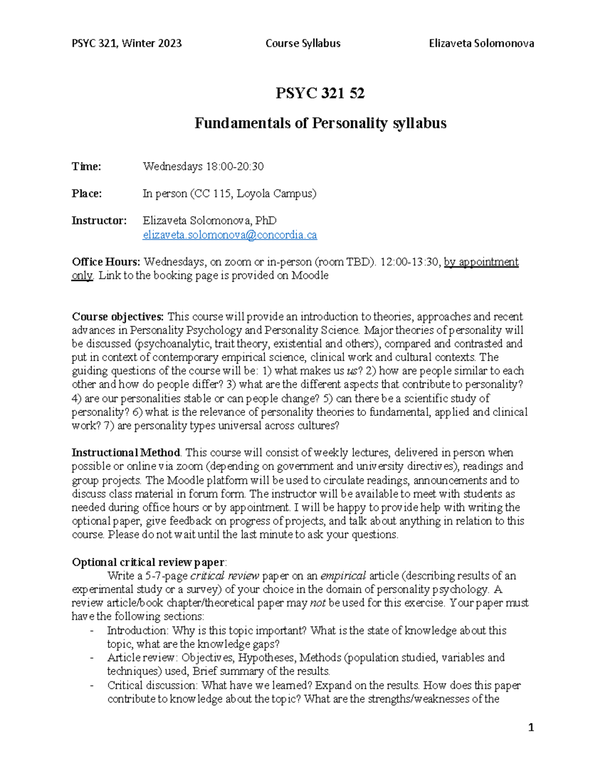 PSYC 321 Winter 2023 52 Solomonova - PSYC 321 52 Fundamentals of ...