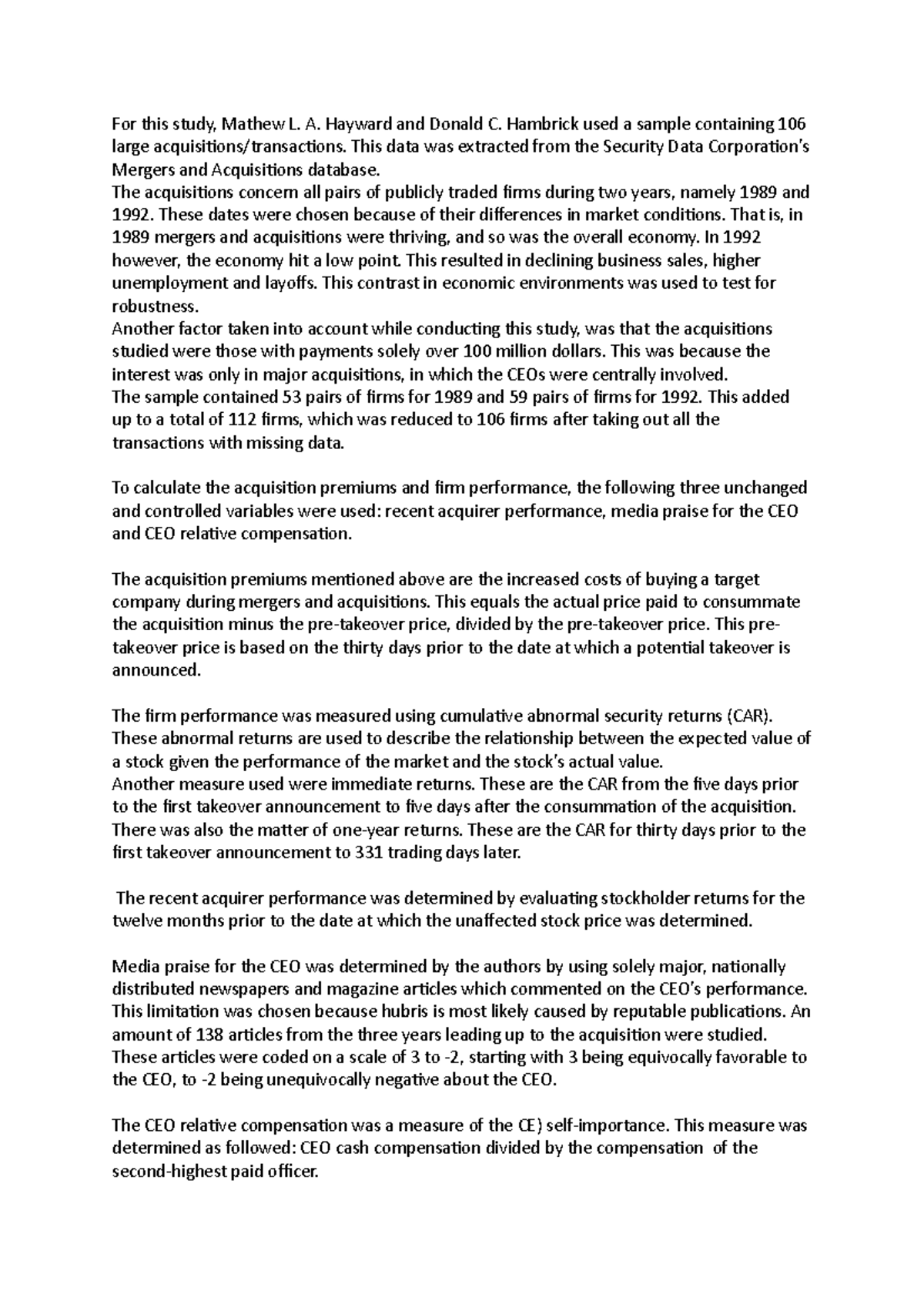 Mergers and Acquisitions assignment 1 - For this study, Mathew L. A ...