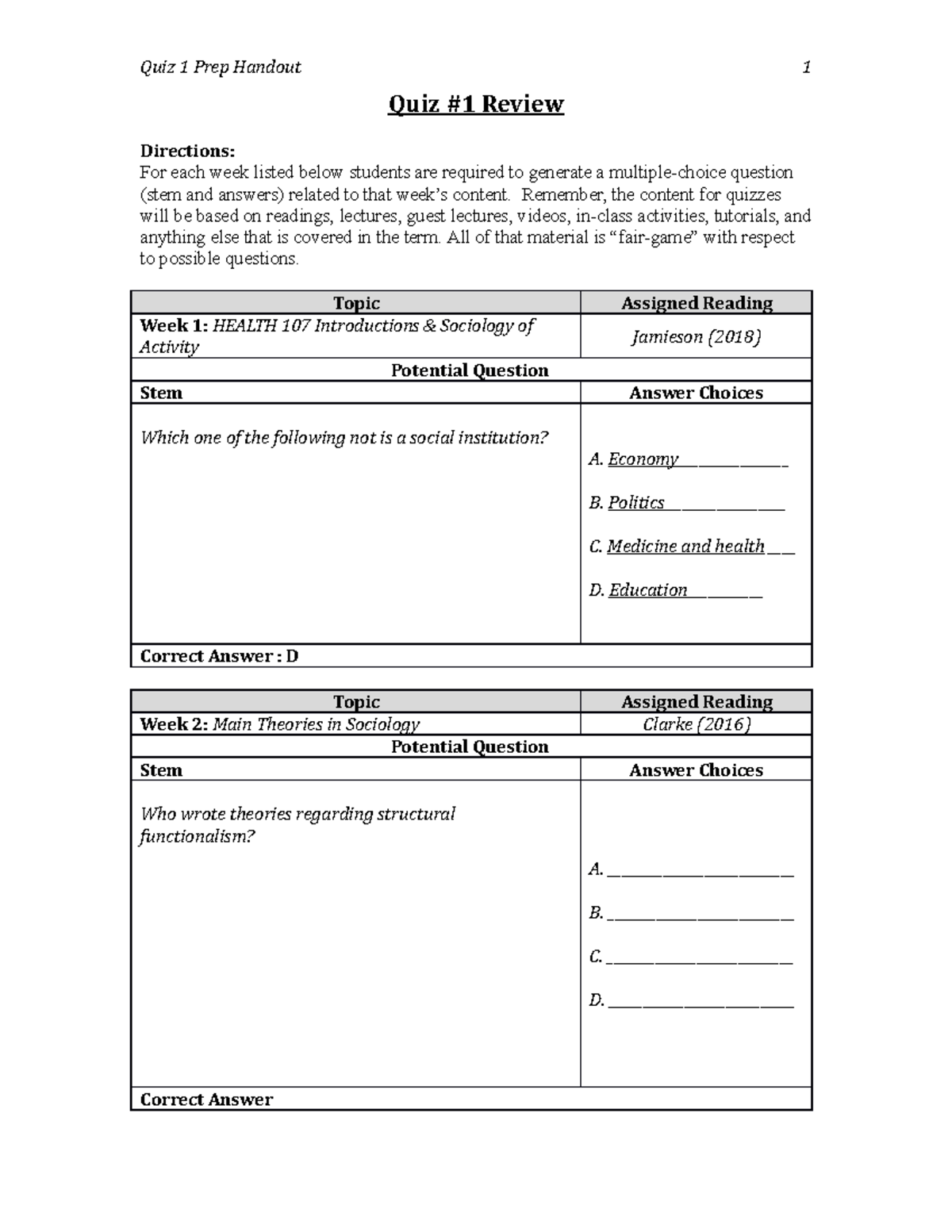 Tutorial 5 Quiz 1 Prep Handout Quiz 1 Prep Handout Quiz 1 Review Directions For Each Week