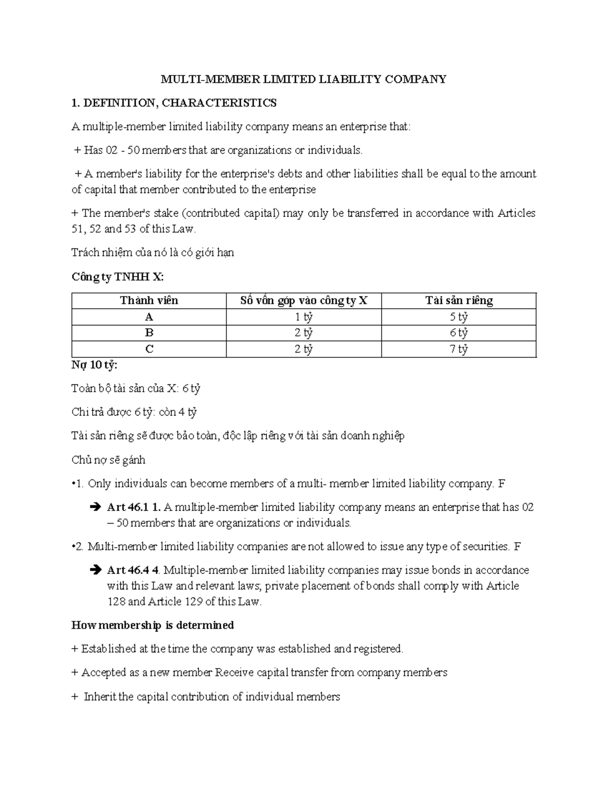 Luật tuần 2 - MULTI-MEMBER LIMITED LIABILITY COMPANY 1. DEFINITION ...