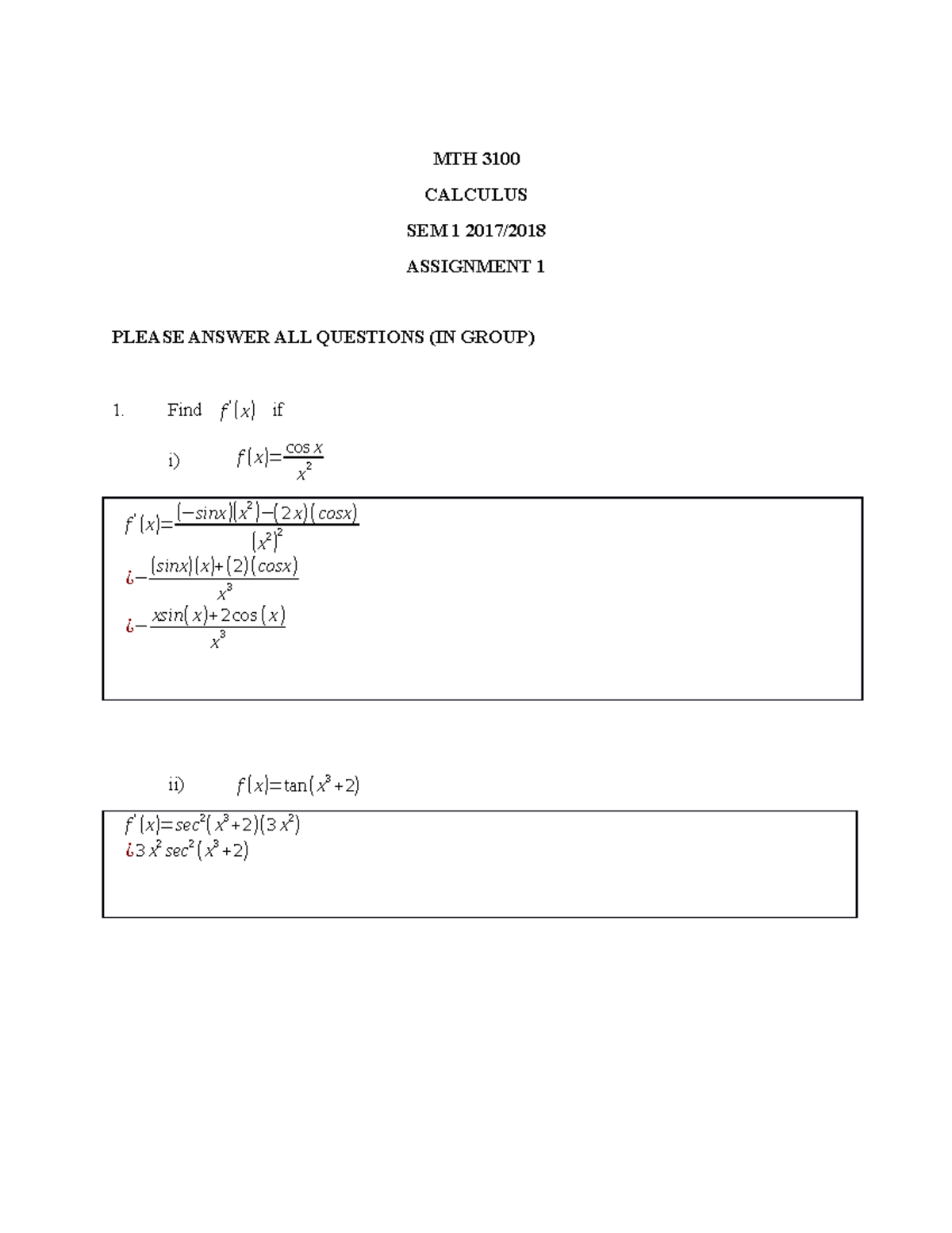 Assignment 1 MTH3100 CALCULUS - MTH 3100 CALCULUS SEM 1 2017/2018 ...
