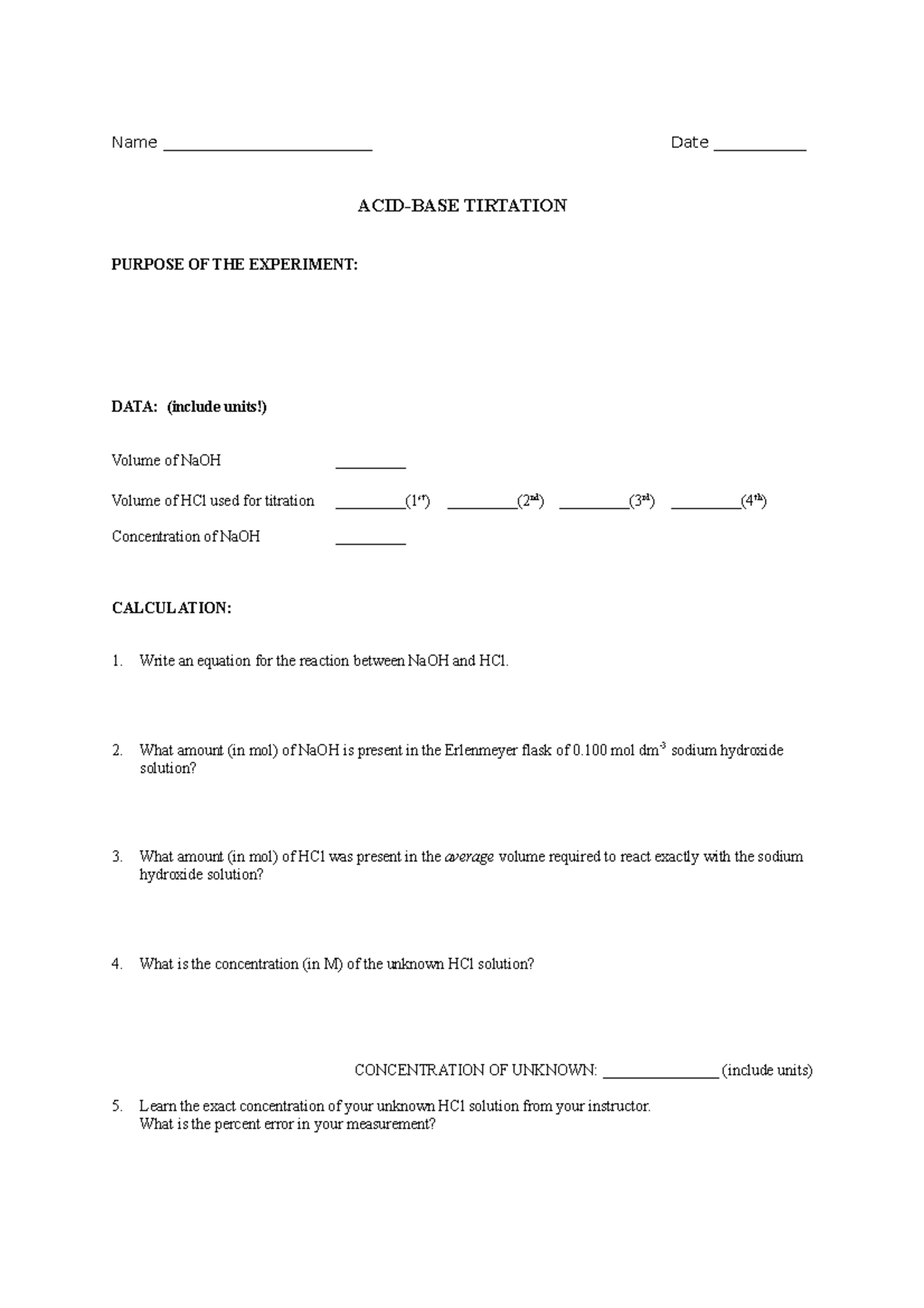 Acid Base Titration Experiment Lab Report - Name ...