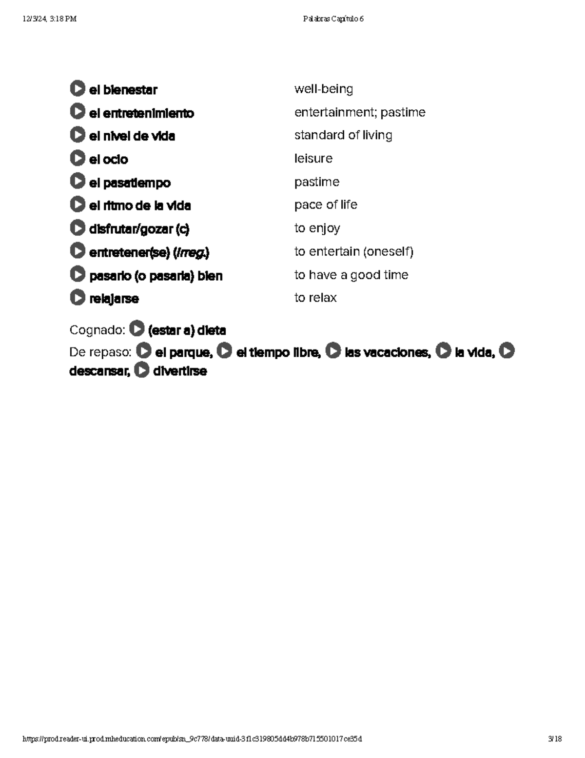 Palabras Capítulo 6 - chapter 6 vocab - el bienestar well-being el ...