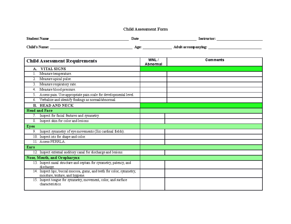 Child Assessment Check 2020 1 Summer - Child Assessment Form Student ...