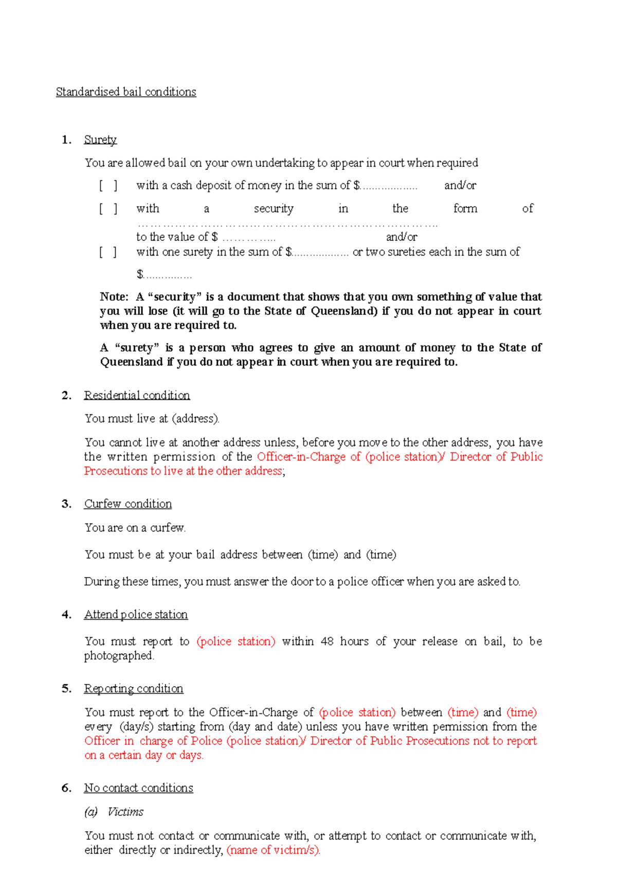 Standardised-bail-conditions for Queensland..assesment 1 - Standardised ...