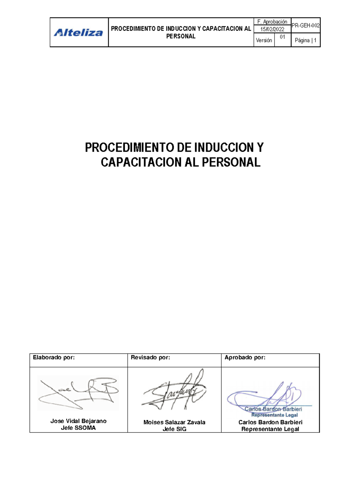 seguridad y salud ocupacional - PROCEDIMIENTO DE INDUCCION Y ...