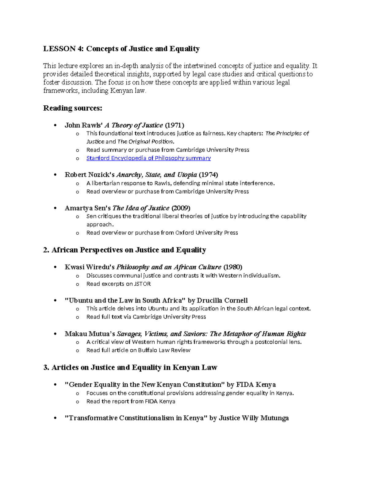 Lecture Notes class 4 - LESSON 4: Concepts of Justice and Equality This ...