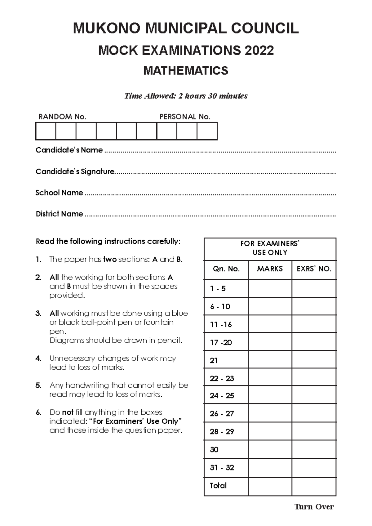 P7 Mathematics MOCK Examinations 2022 Mukono Municipal Council - MUKONO ...
