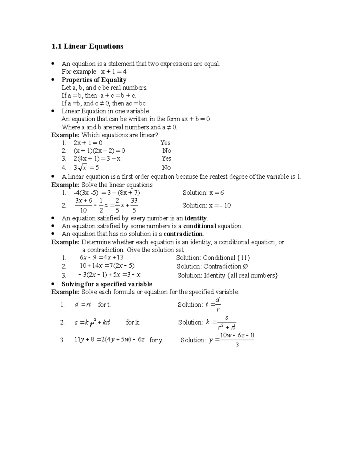 1.1 notes - linear equations - 1 Linear Equations An equation is a ...