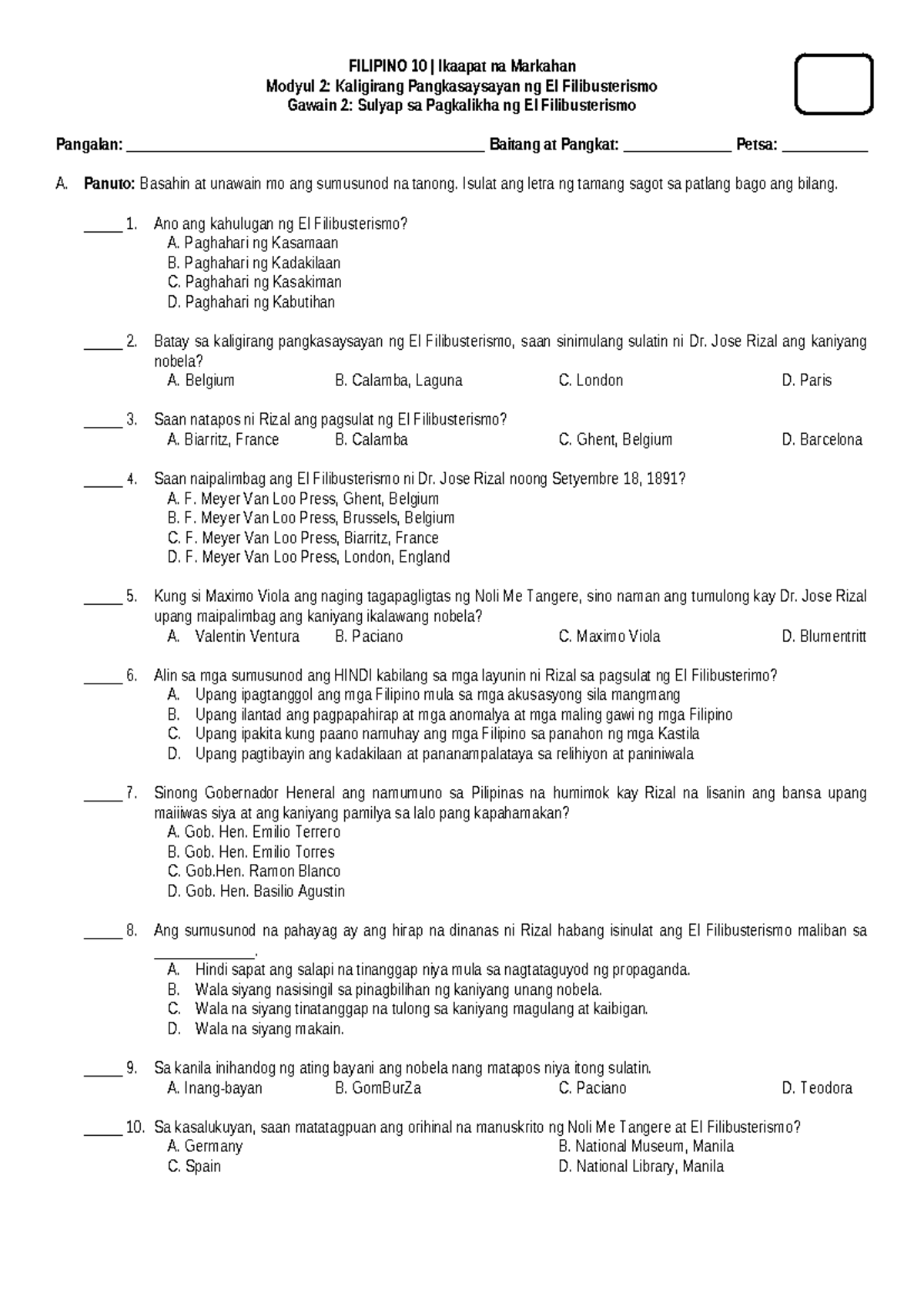 Filipino-10 Q4 G2 - Filipino Activity For Grade 10 Learners - FILIPINO ...