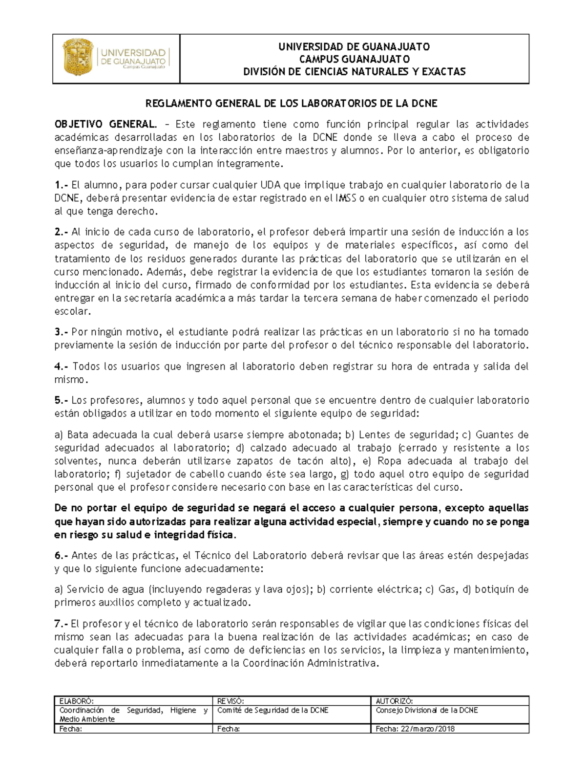 Reglamento de seguridad en laboratorios dcne - UNIVERSIDAD DE GUANAJUATO CAMPUS GUANAJUATO ...
