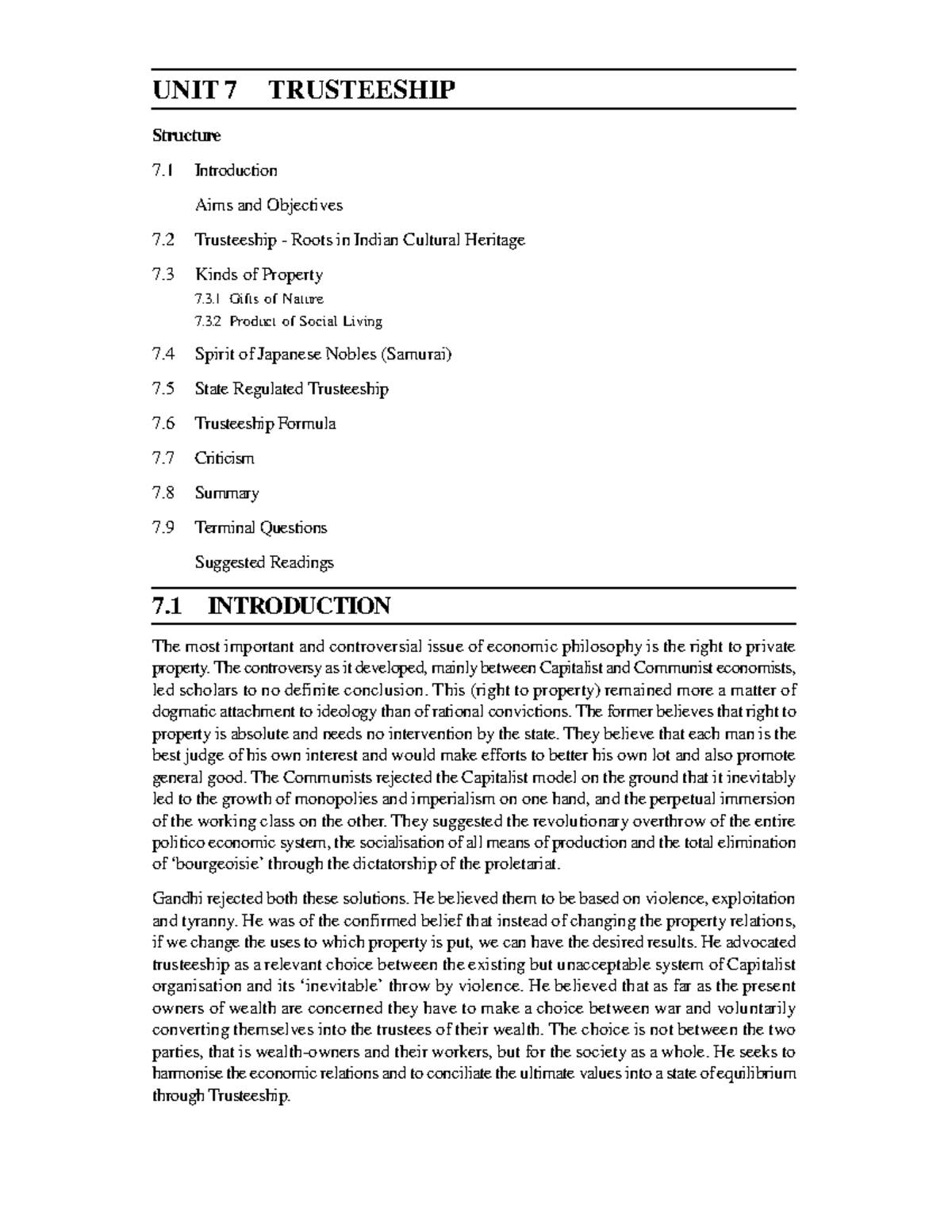 Unit-7 trusteeship - SOCIOLOGY - UNIT 7 TRUSTEESHIP Structure 7 Introduction Aims and Objectives ...