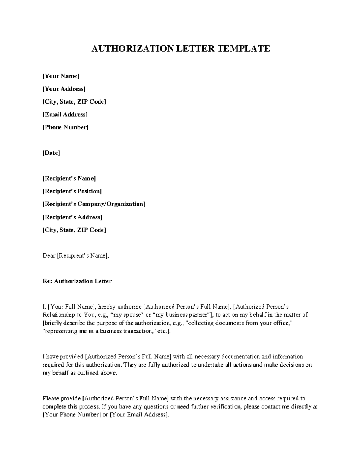 Authorization Letter Template - AUTHORIZATION LETTER TEMPLATE [Your ...