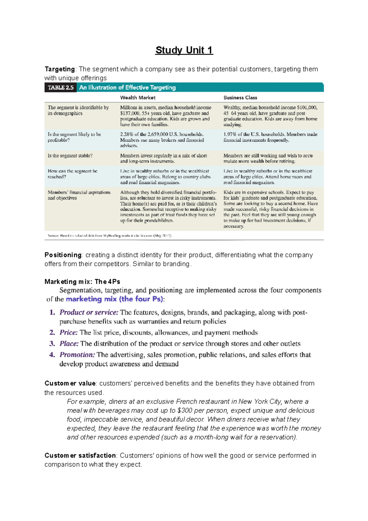 MKT351 TOA Notes - ADFSDF - Study Unit 1 Targeting: The segment which a ...
