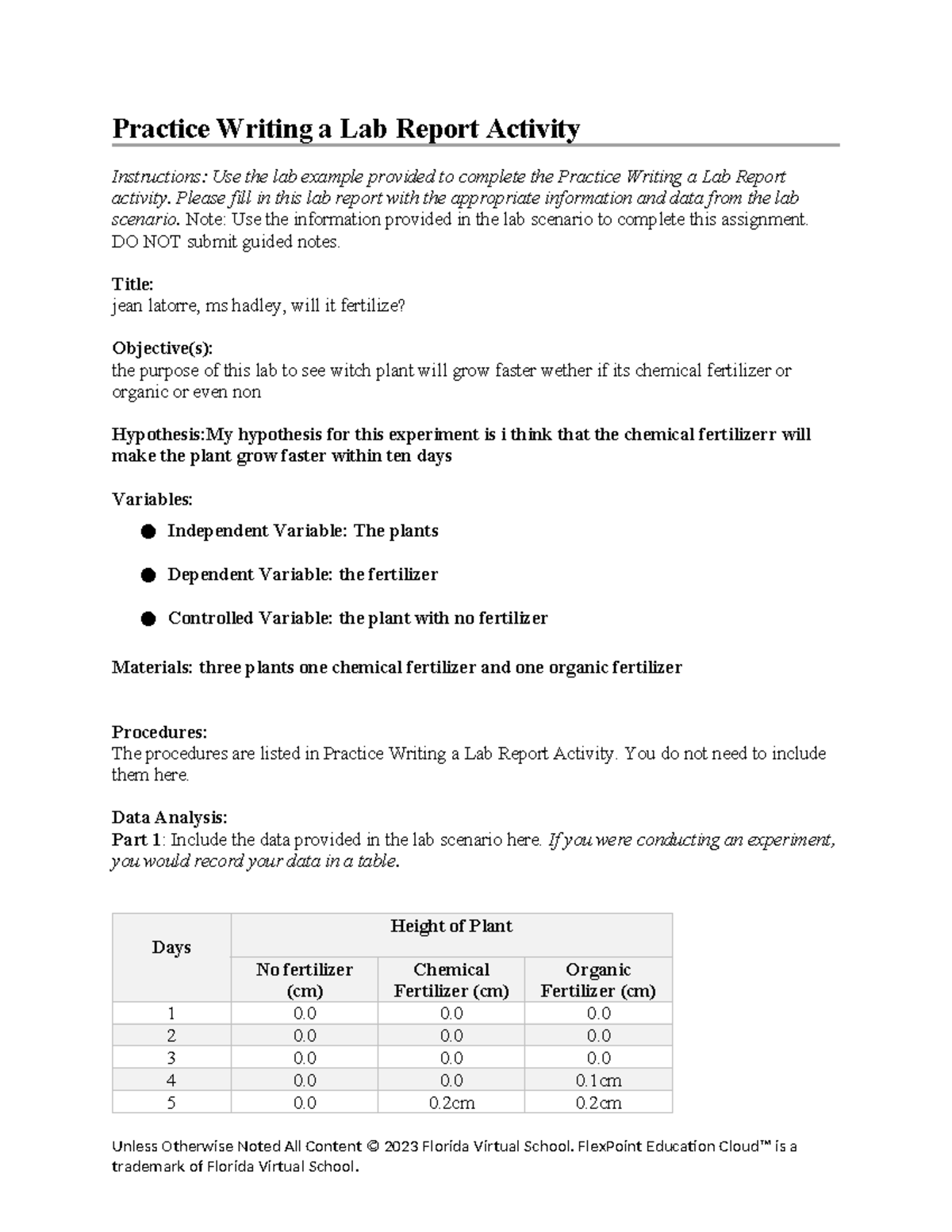 Copy of practice writing a lab report - Practice Writing a Lab Report ...