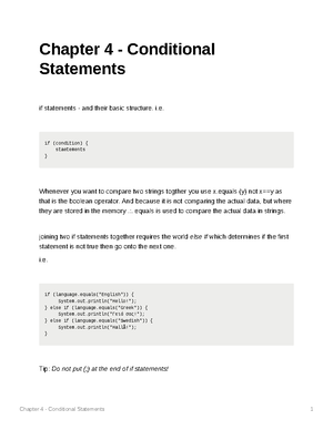 Chapter 4 - Conditional Statements - i. if (condition) { staetements ...