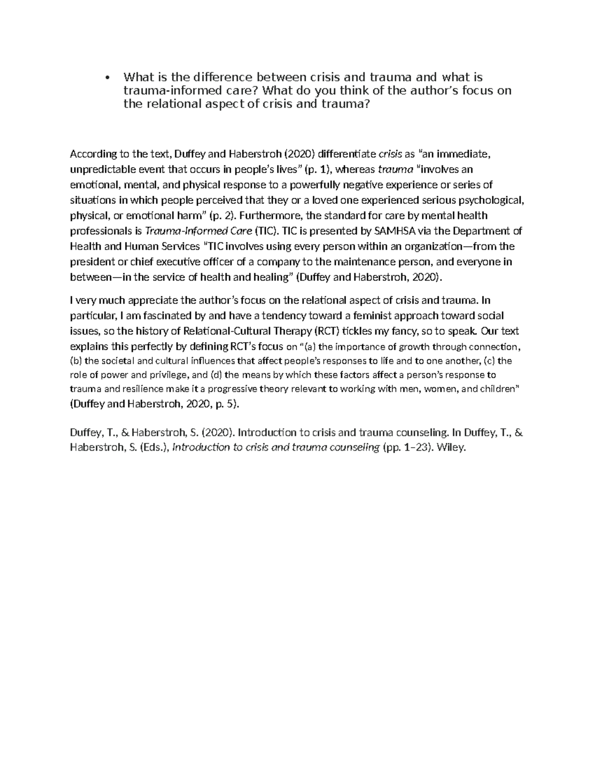 Week 1 Discussion What are Crisis and Trauma and Relational-Cultural ...