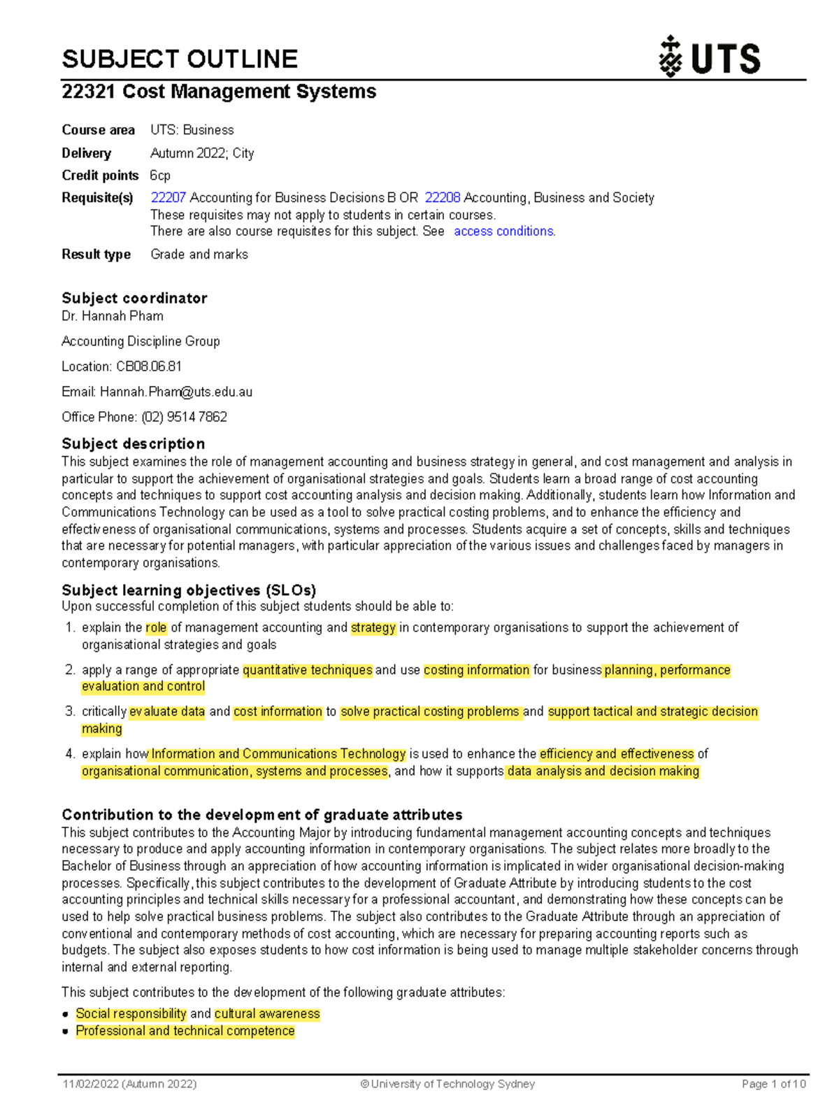 Cost Management Systems AUT 22 Subject Outline - SUBJECT OUTLINE 22321 ...