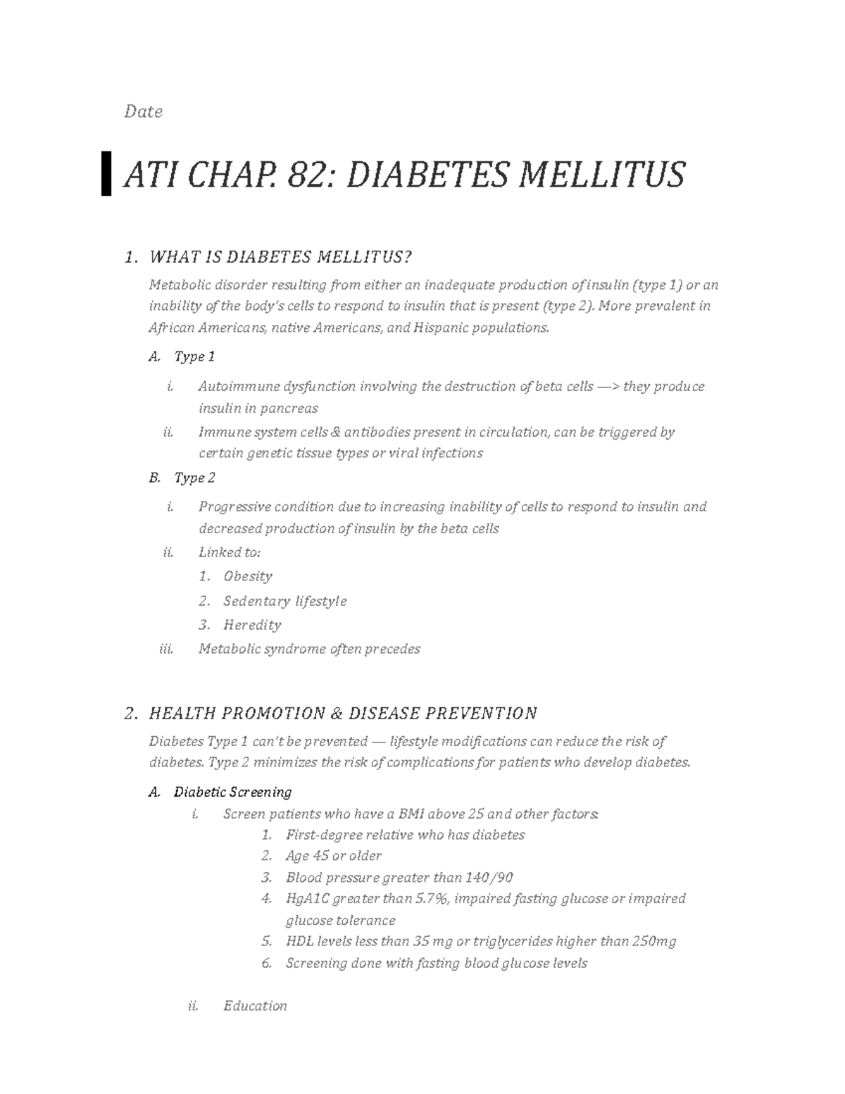 ATI Chapters - study guide - Date ATI CHAP. 82: DIABETES MELLITUS WHAT ...