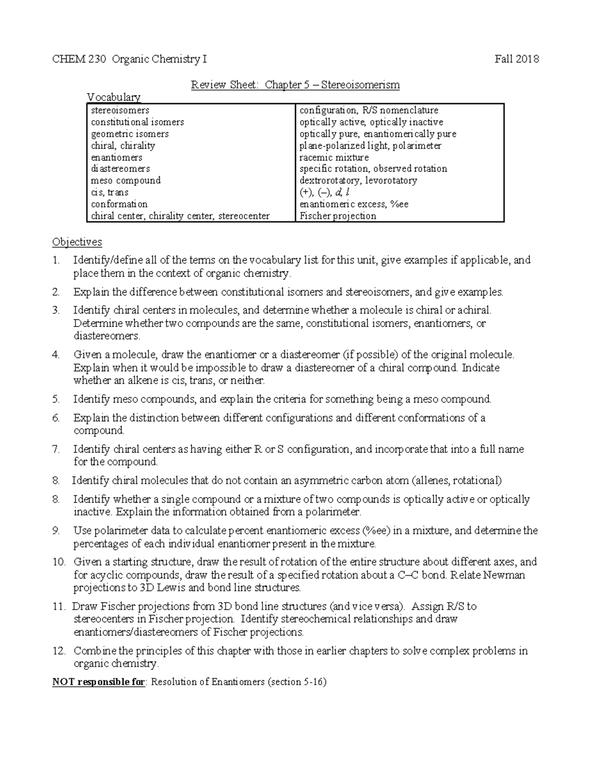 Ch5-Review Sheet-F18 - CHEM 230 Organic Chemistry I Vocabulary Fall ...