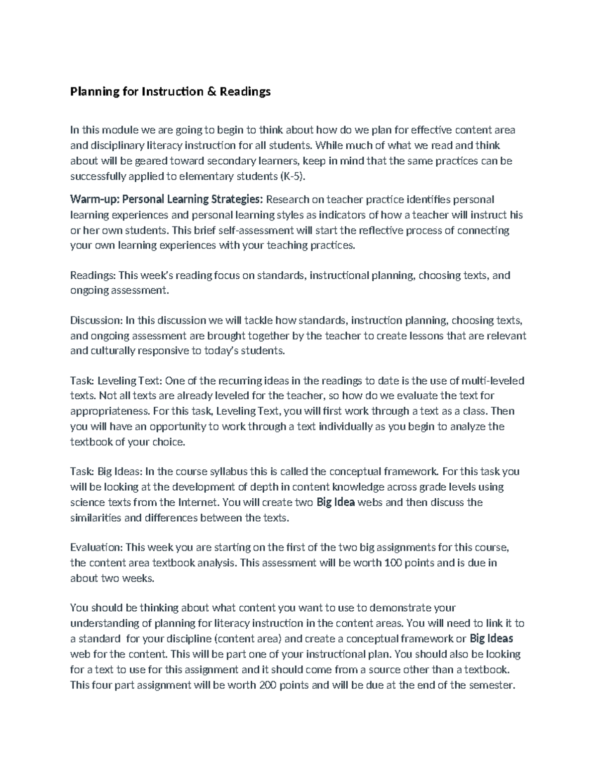 Reading 657 Task Leveling Text and Big Ideas - Planning for Instruction ...