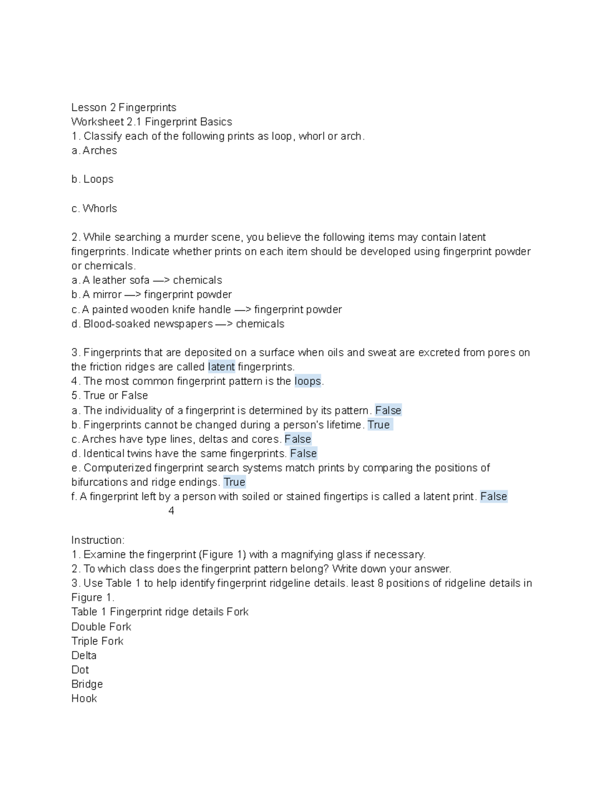chapter 18 exam review practice - Lesson 2 Fingerprints Worksheet 2 ...