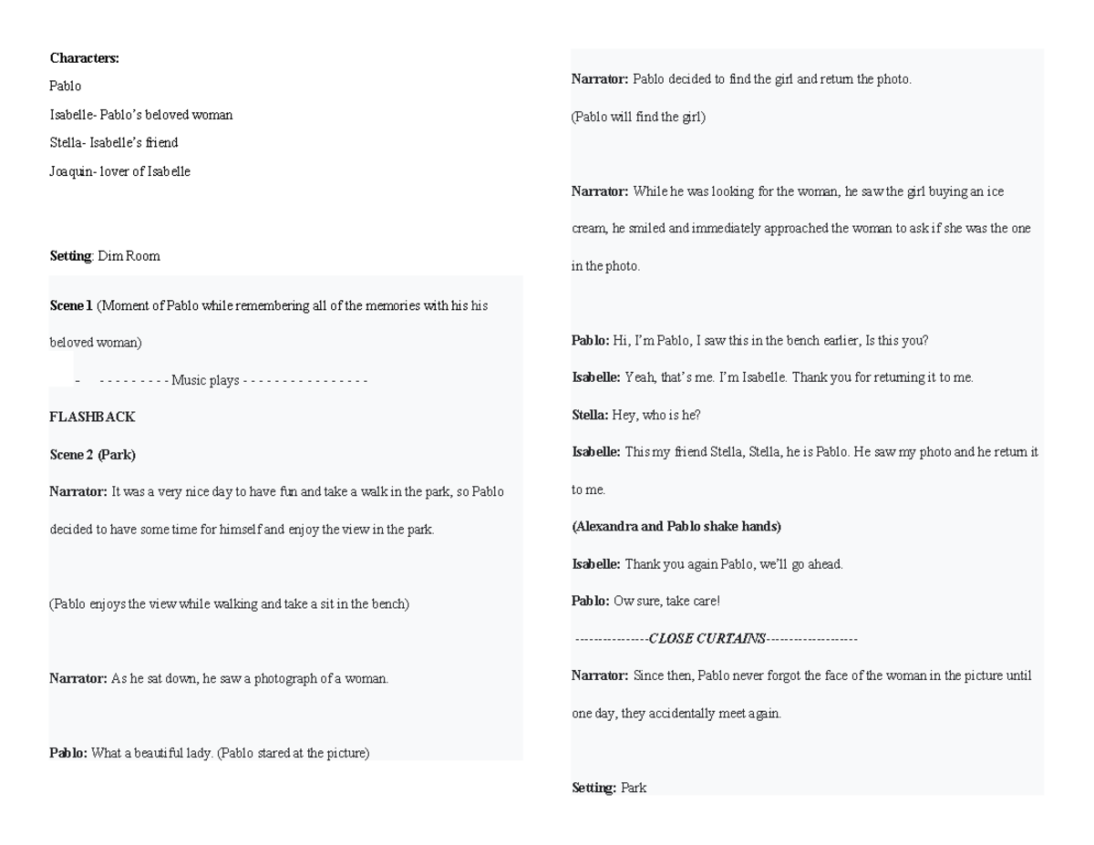 LIT-2- Script 1 - Characters: Pablo Isabelle- Pablo’s beloved woman Stella- Isabelle’s friend ...
