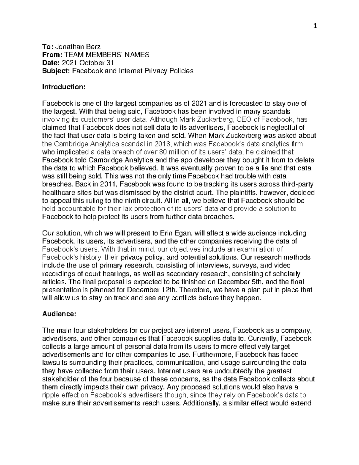ENG 3060 P3 Sample Project PLAN MEMO - To: Jonathan Berz From: TEAM ...