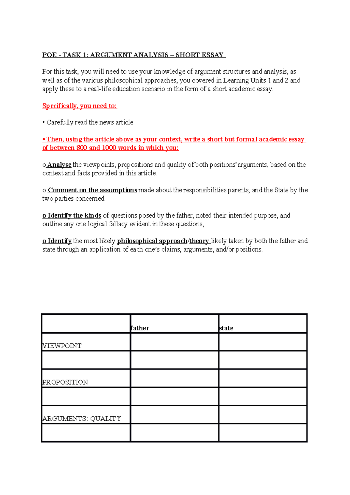 POE assist q1 - POE - TASK 1: ARGUMENT ANALYSIS – SHORT ESSAY For this ...