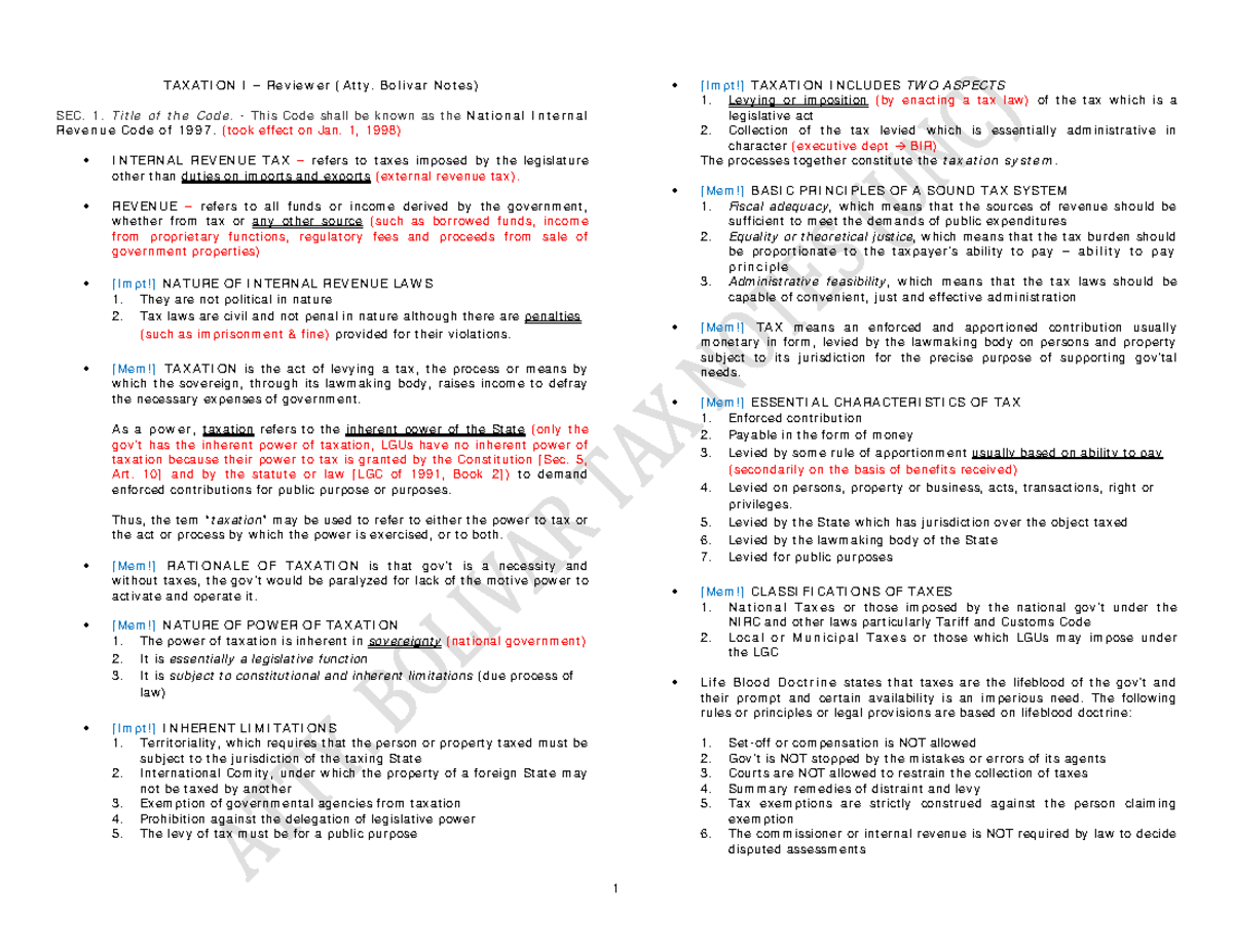 Tax 1 Reviewer Atty - Lecture notes 1 - T A X A T I O N I – Review er ...