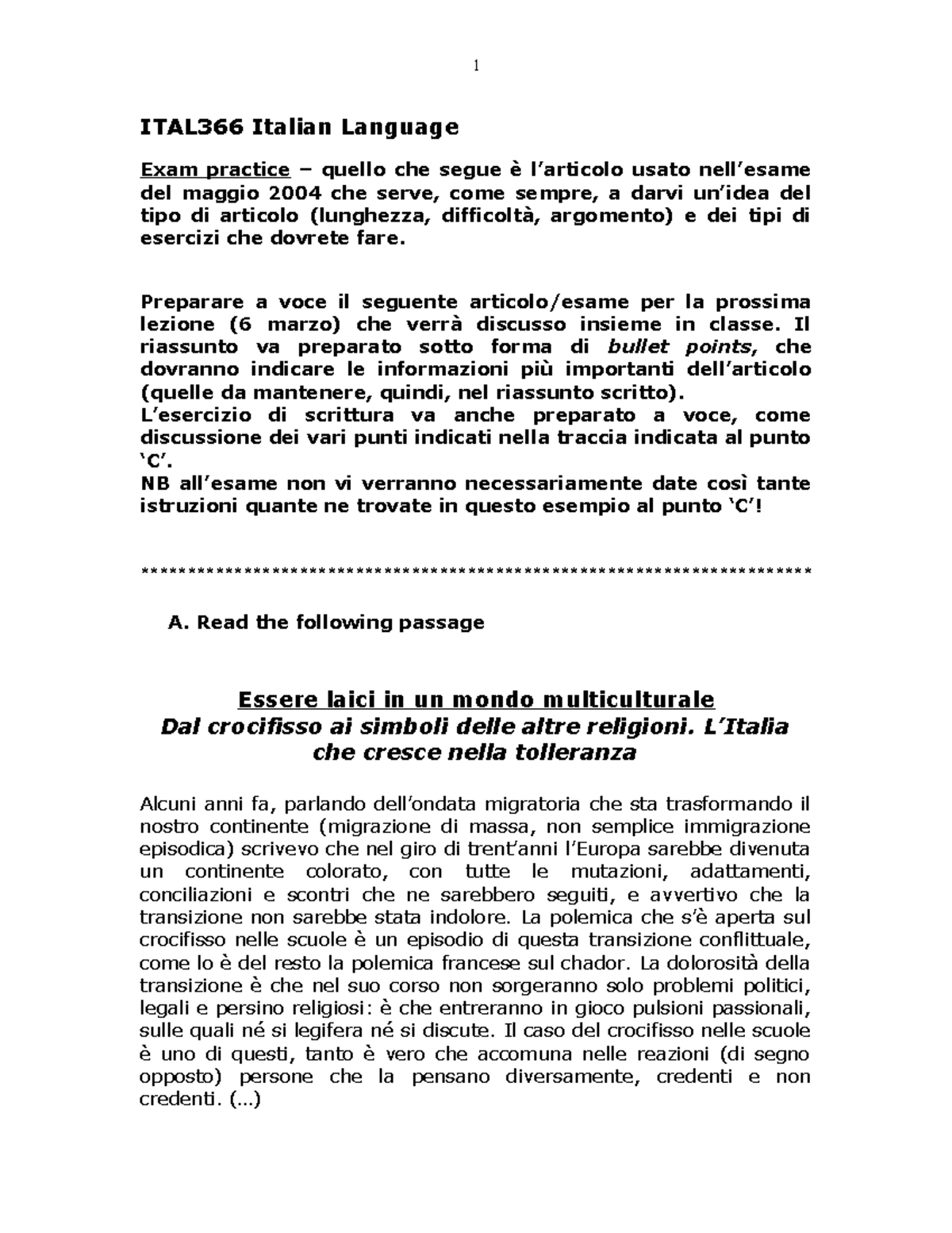 Sample/practice exam 2015, questions - ITAL366 Italian Language Exam ...
