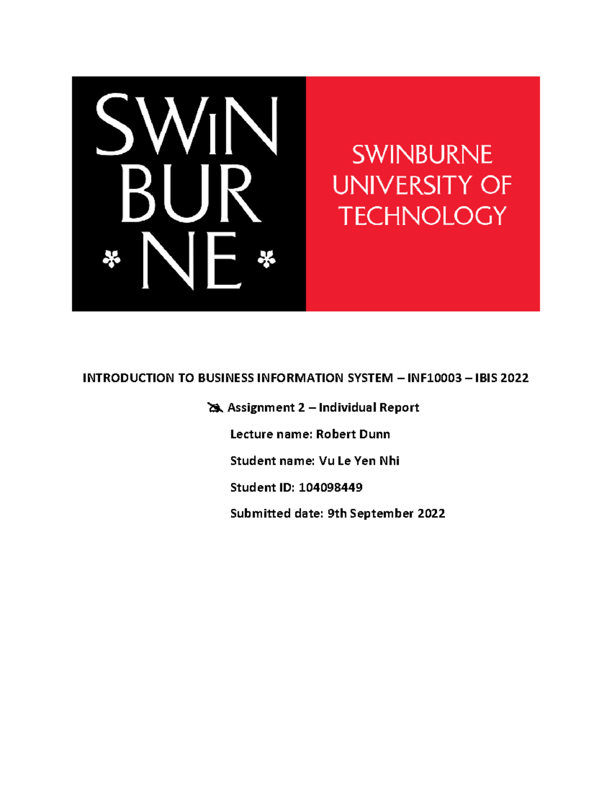 Assignment 2- Individual report - INTRODUCTION TO BUSINESS INFORMATION ...