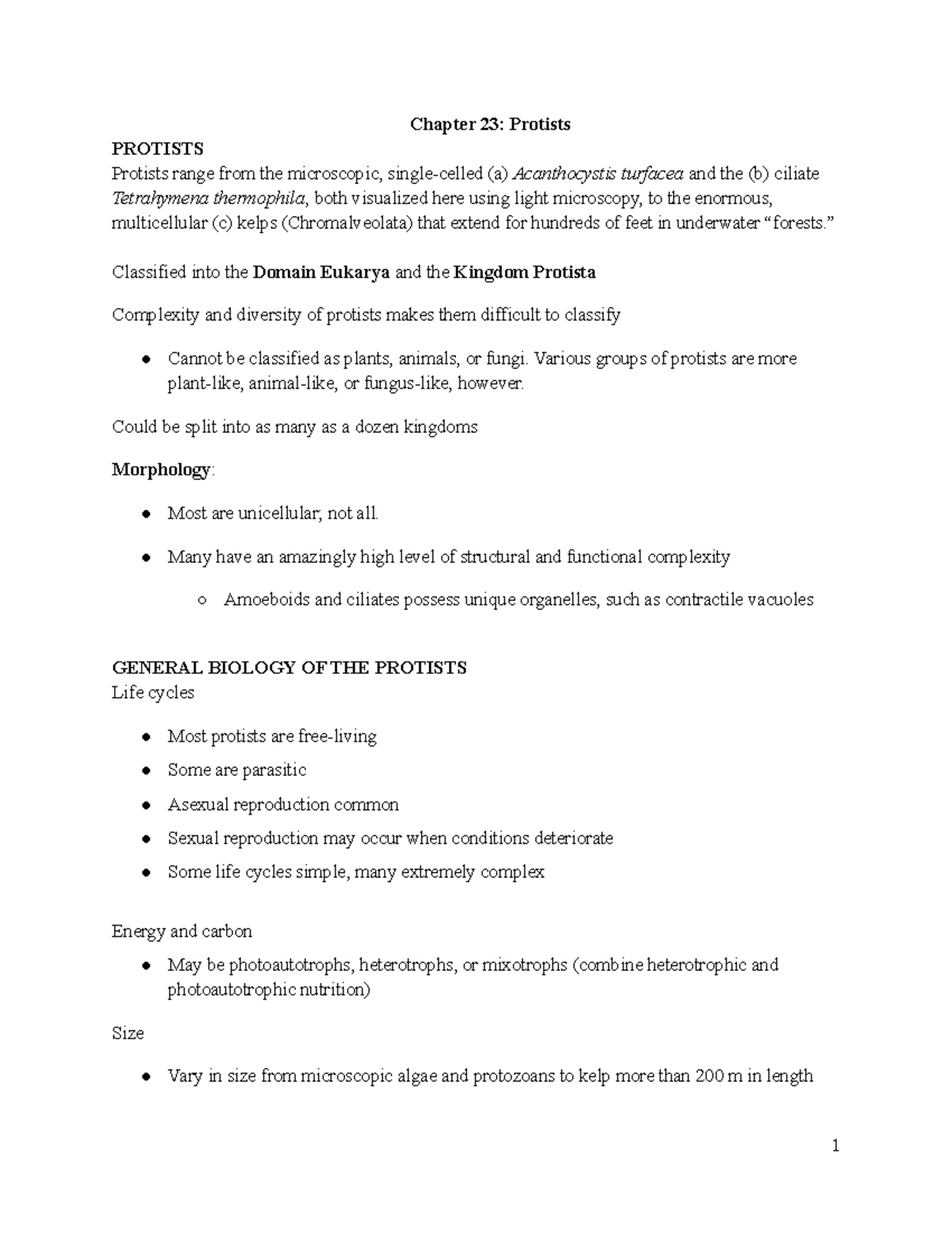 Spring 2022 Biology 1407 Notes - Chapter 23: Protists PROTISTS Protists ...