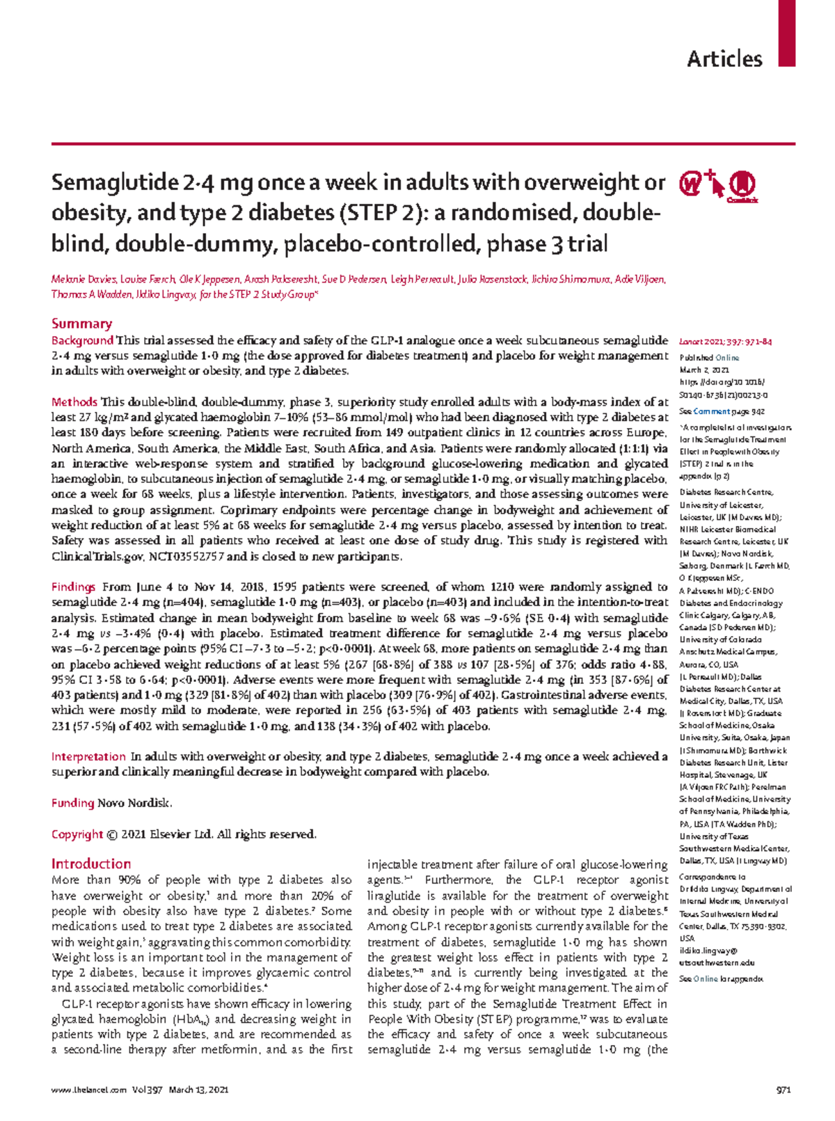 Semaglutide 2.4 mg once a week in adults with overweight or obesity ...