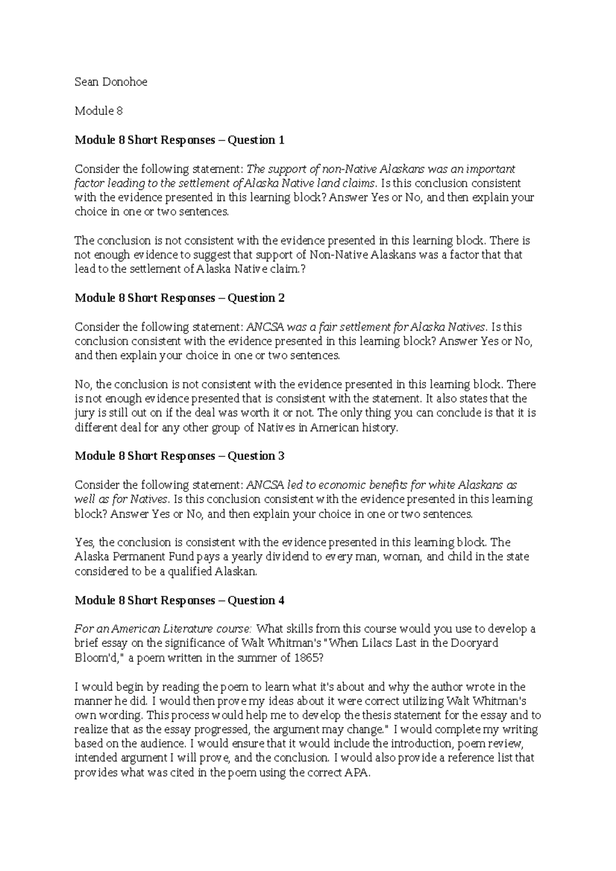 Sean Donohoe HIS 200 Applied History - Sean Donohoe Module 8 Module 8 ...