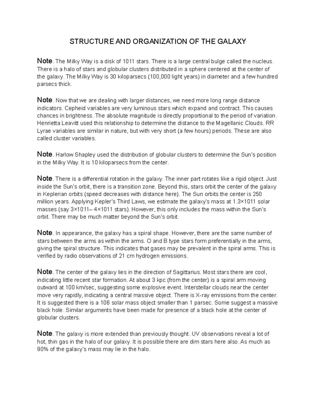 Astronomy Chapter 25 Notes Structure and Organization of the Galaxy ...