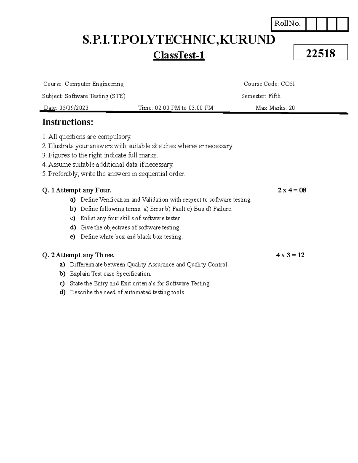 STE - Question Paper - Mechanical engineering - Malabar Poly - Studocu