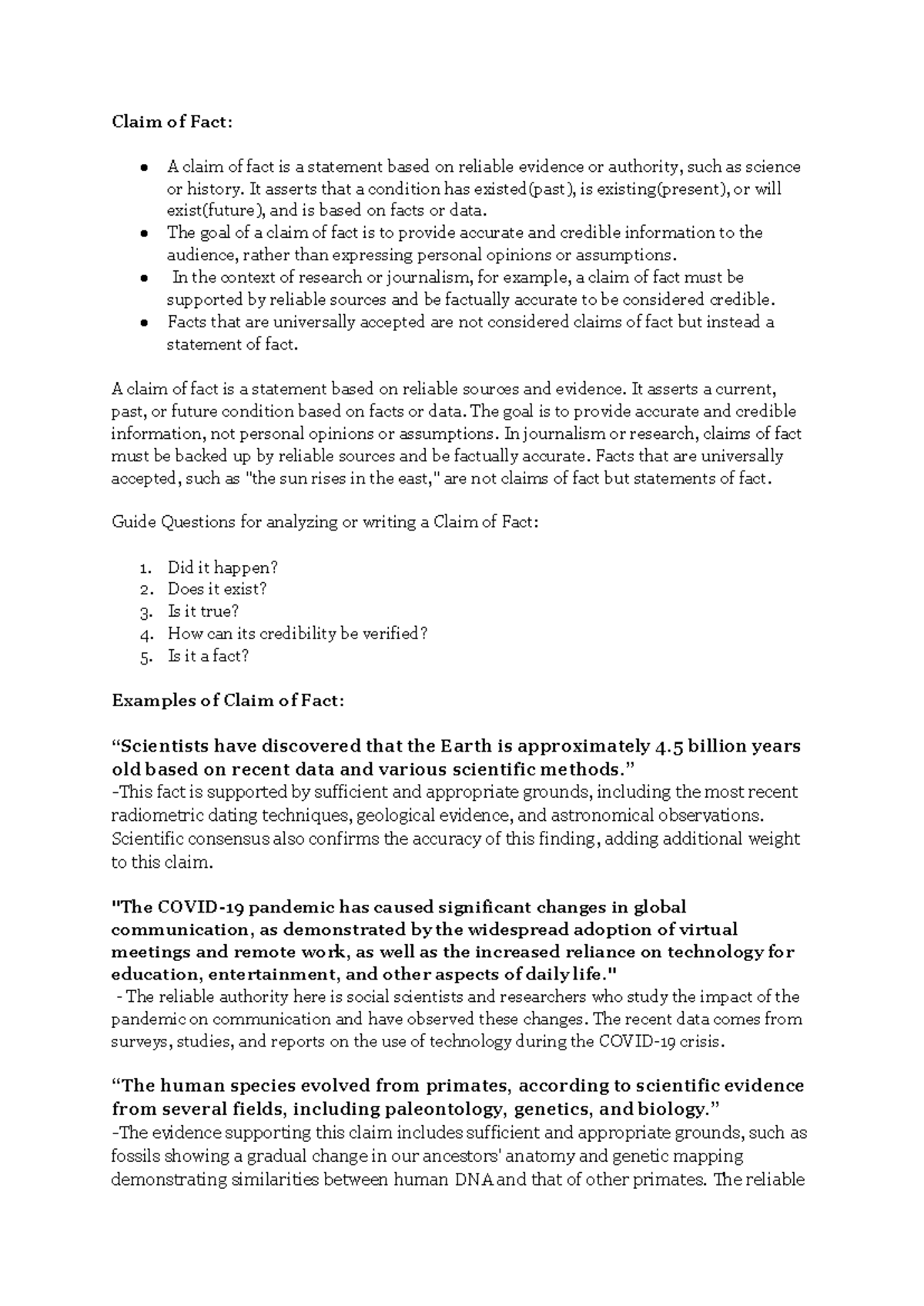 Claim of Fact - Claim of Fact: A claim of fact is a statement based on ...