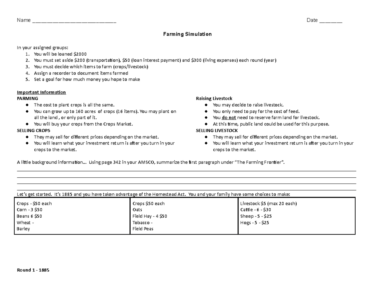 Copy of Copy of Farming Simulation Handout - Name ...