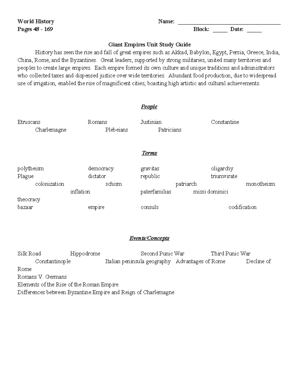 Ancient Rome Unit Study Guide Spring 2018 - World History Name