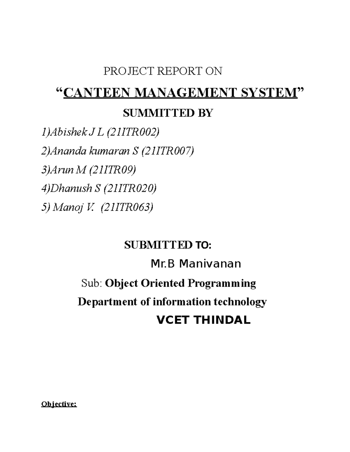 Canteen Management System PROJECT REPORT ON CANTEEN MANAGEMENT