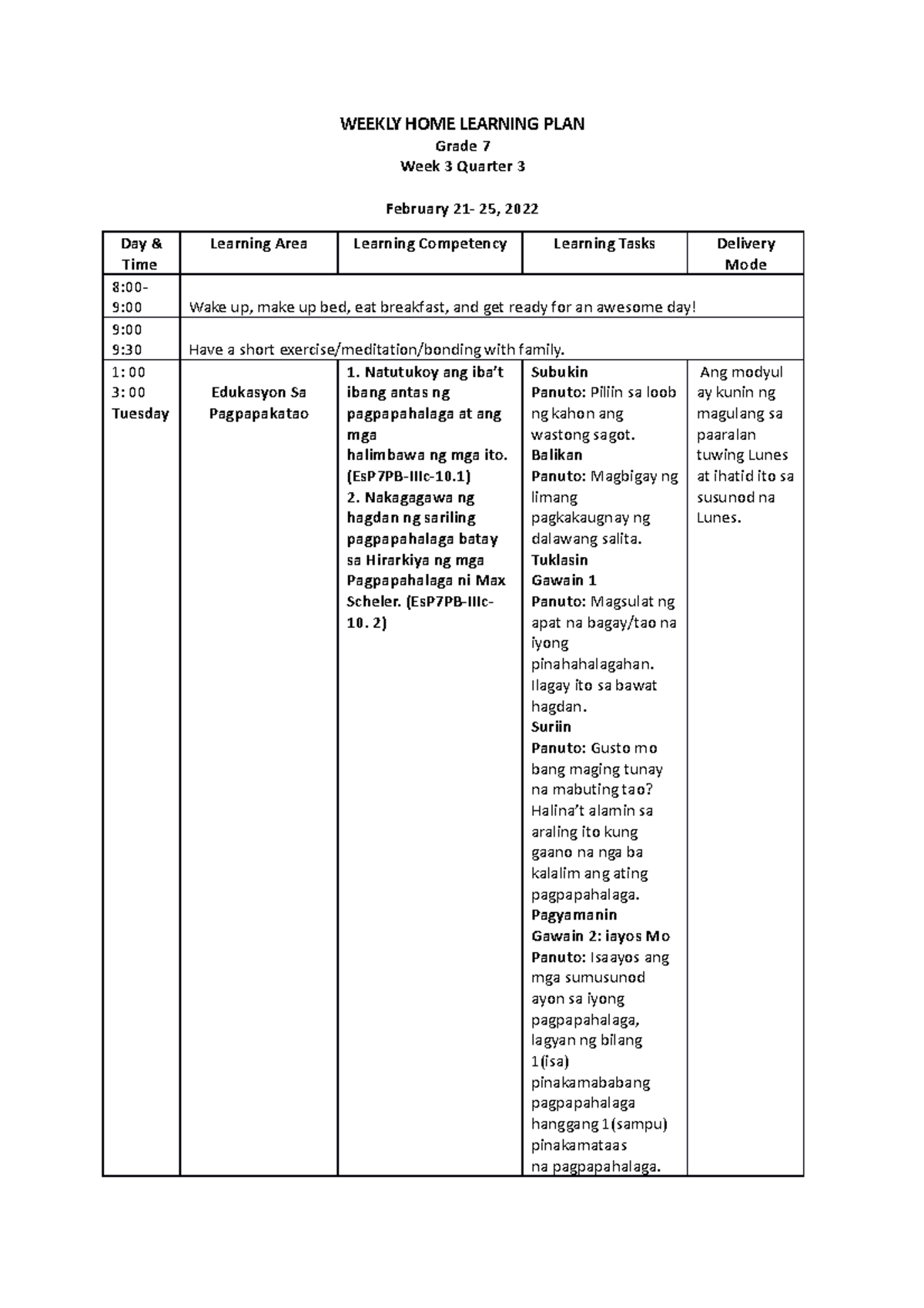 G7Es Pwhlpwk - Lesson - WEEKLY HOME LEARNING PLAN Grade 7 Week 3 ...