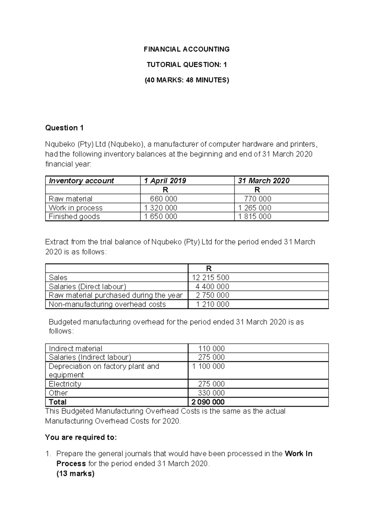 TUT 1 Inventory - try to attempt - FINANCIAL ACCOUNTING TUTORIAL ...