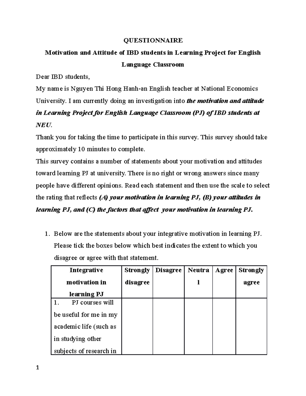 Questionnaire-Motivation and Attitude of IBD students in studying PJ ...
