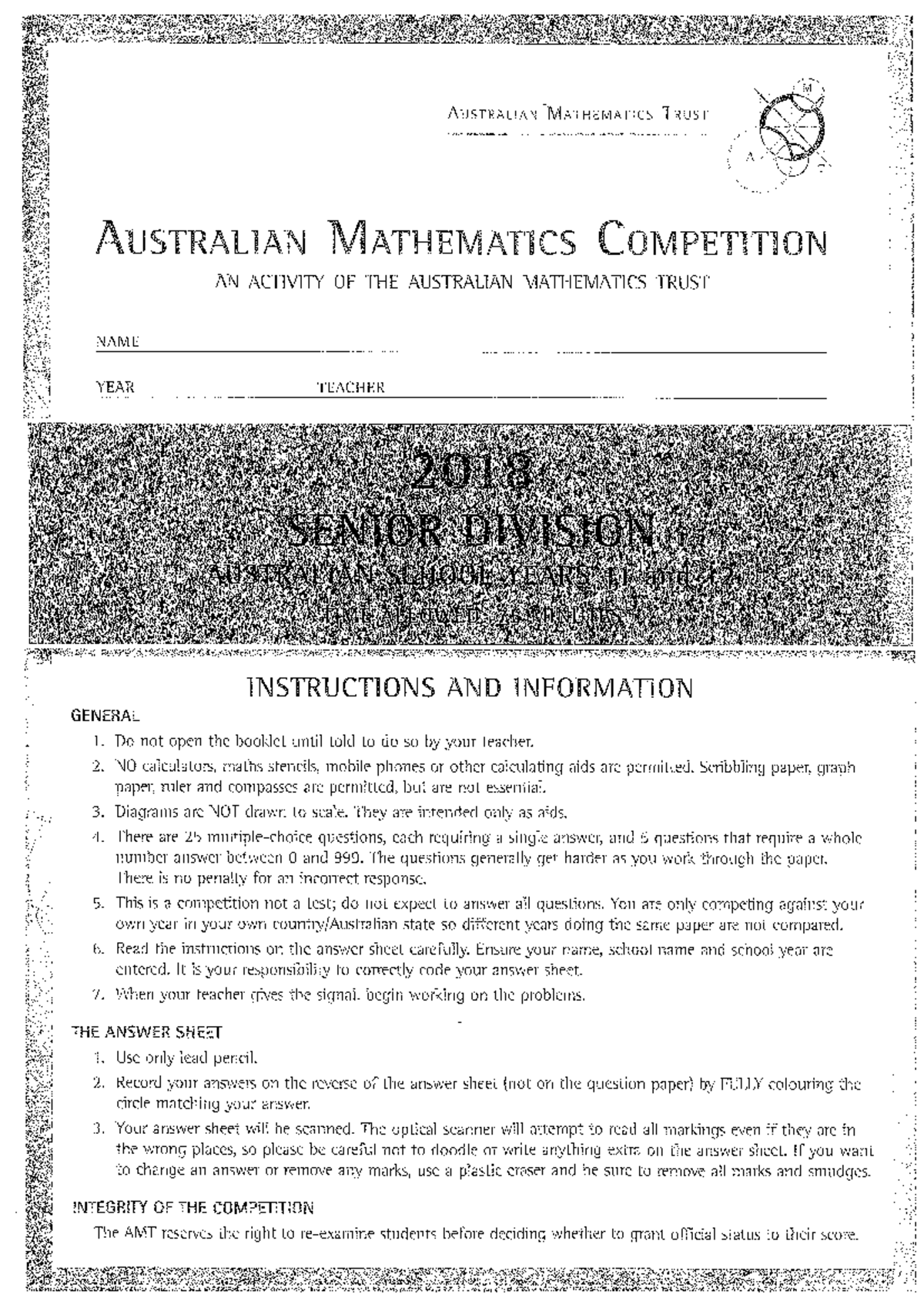 2018 AMC Senior past paper - MATH11218 - Studocu