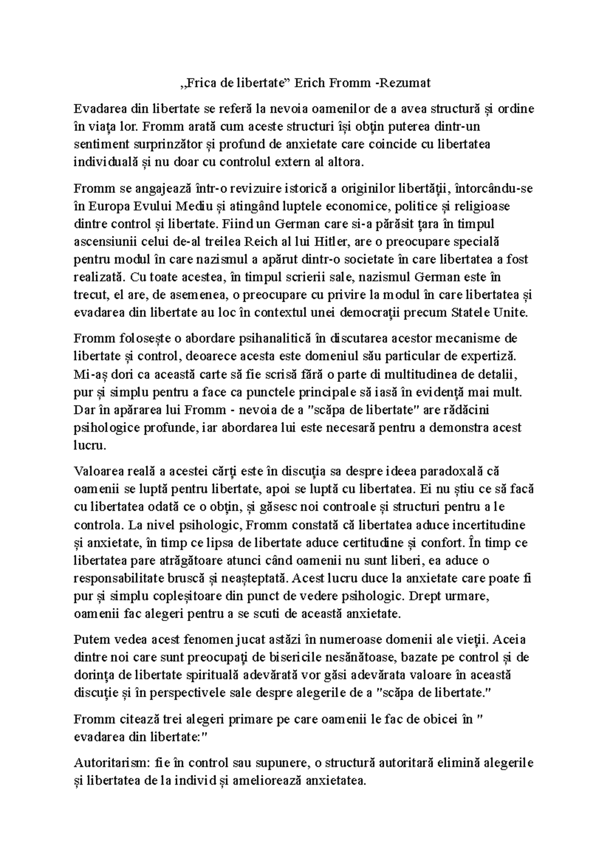 Rezumat filosofie - Lecture notes 1 - ,,Frica de libertate” Erich Fromm ...