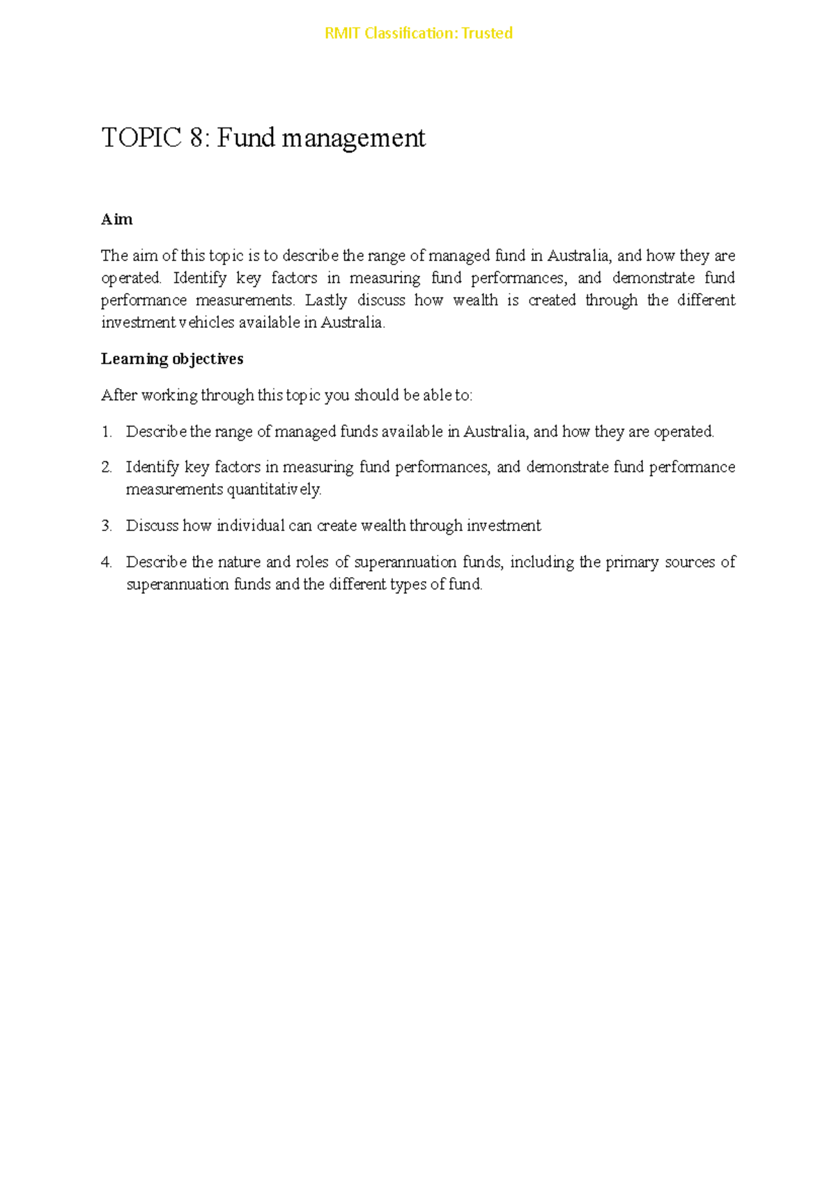 Topic 8 Notes-3 - Lecture Notes - TOPIC 8: Fund management Aim The aim ...